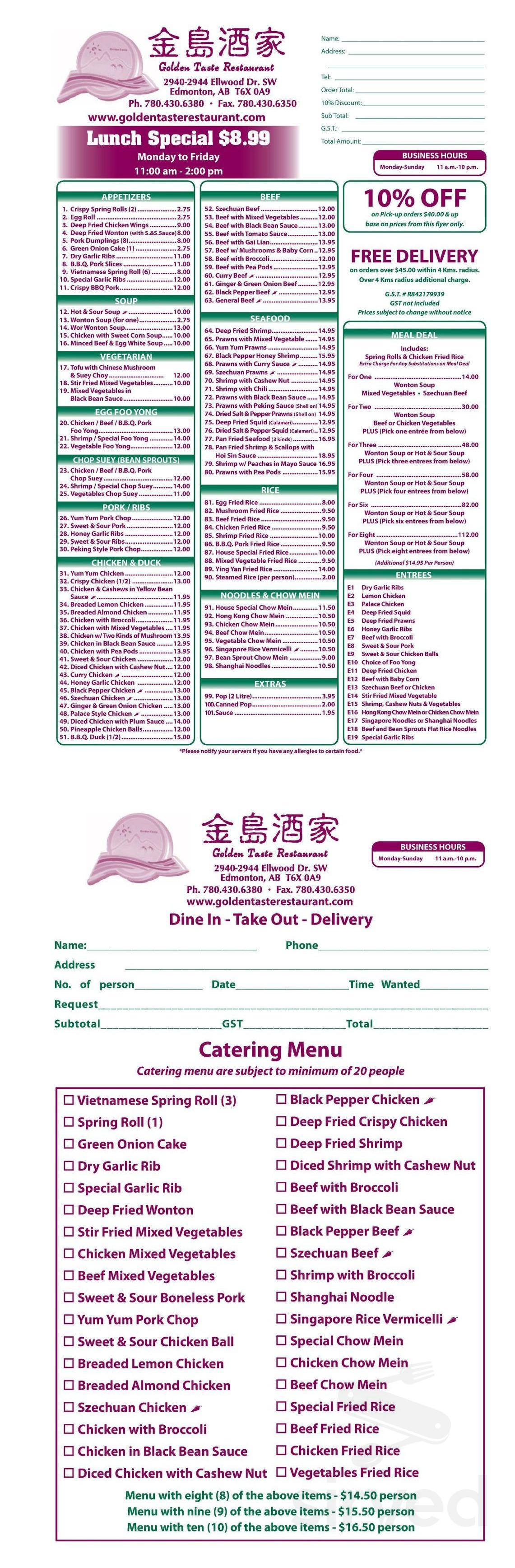 Golden Taste Restaurant menu in Edmonton, Alberta, Canada