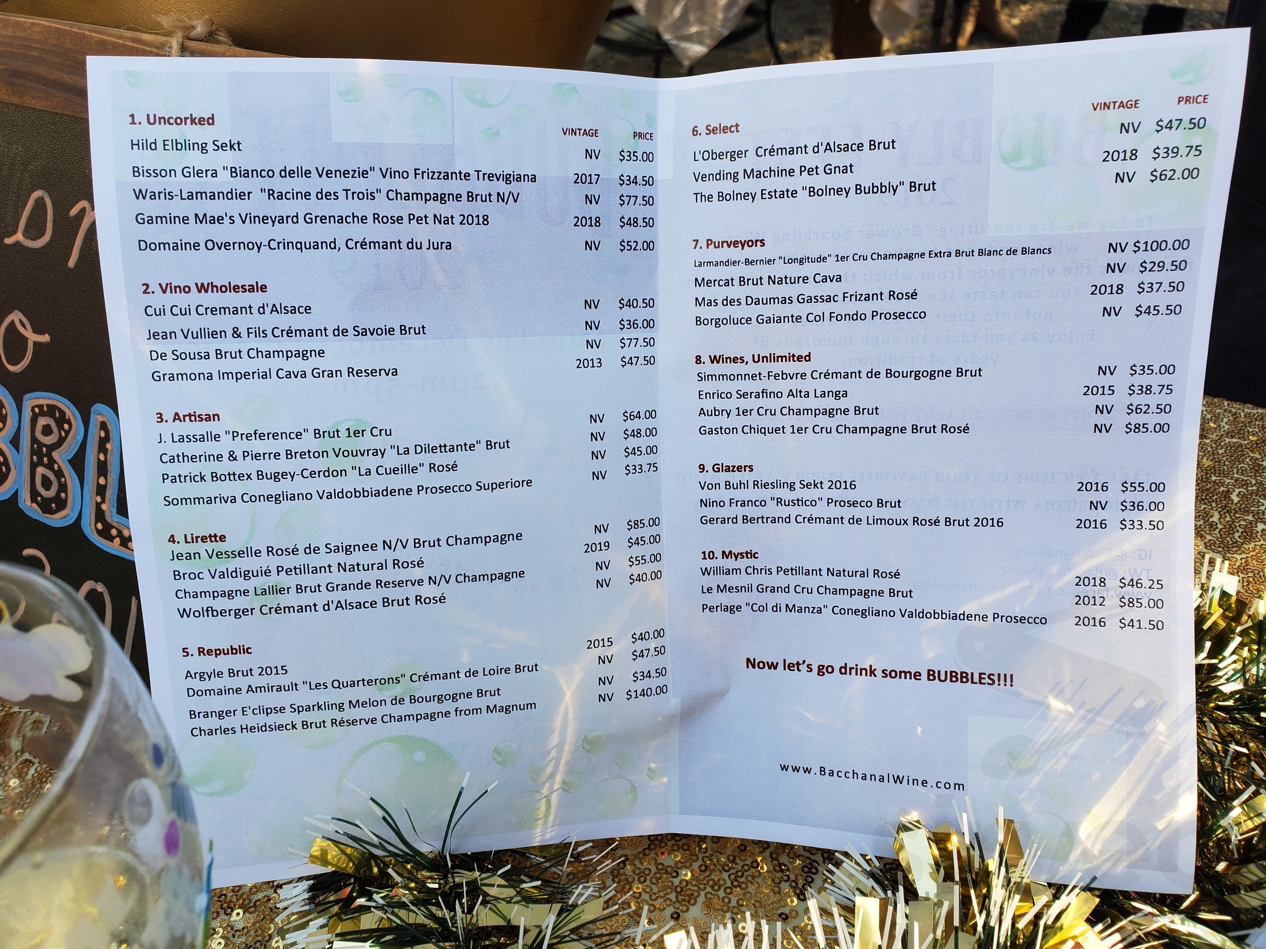 Bacchanal Fine Wine & Spirits menu in New Orleans, Louisiana, USA