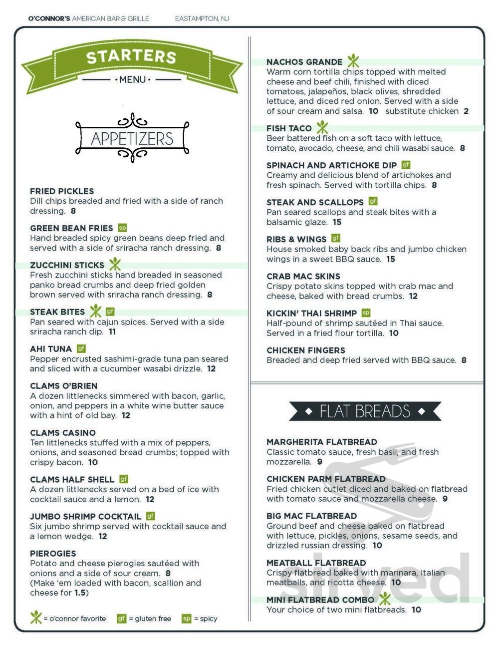 O'Connor's American Bar & Grille menu in Eastampton Township, New ...