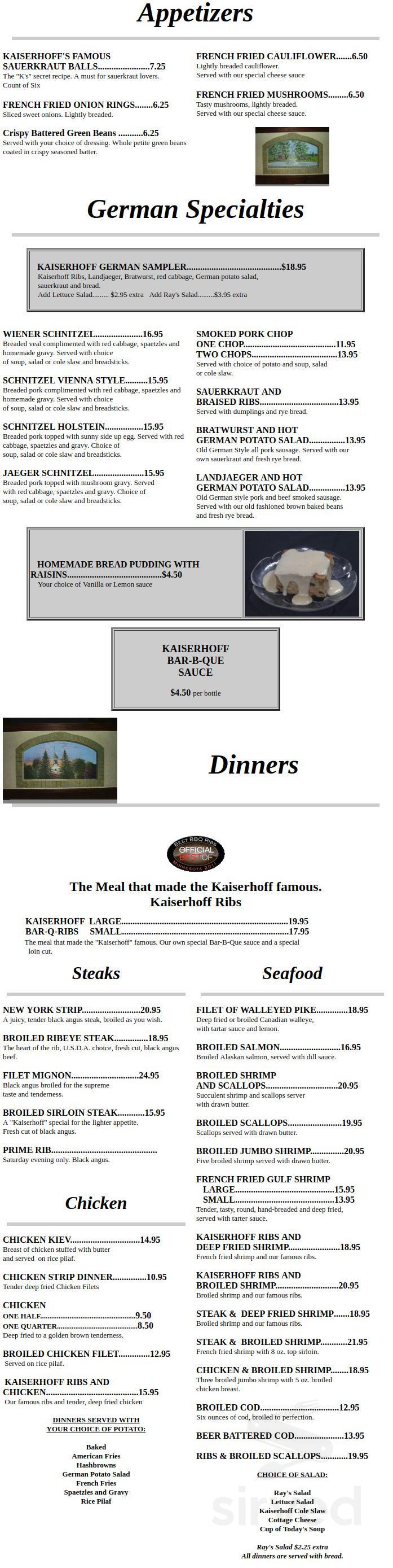 Menu for Kaiserhoff New Ulm in New Ulm, MN | Sirved