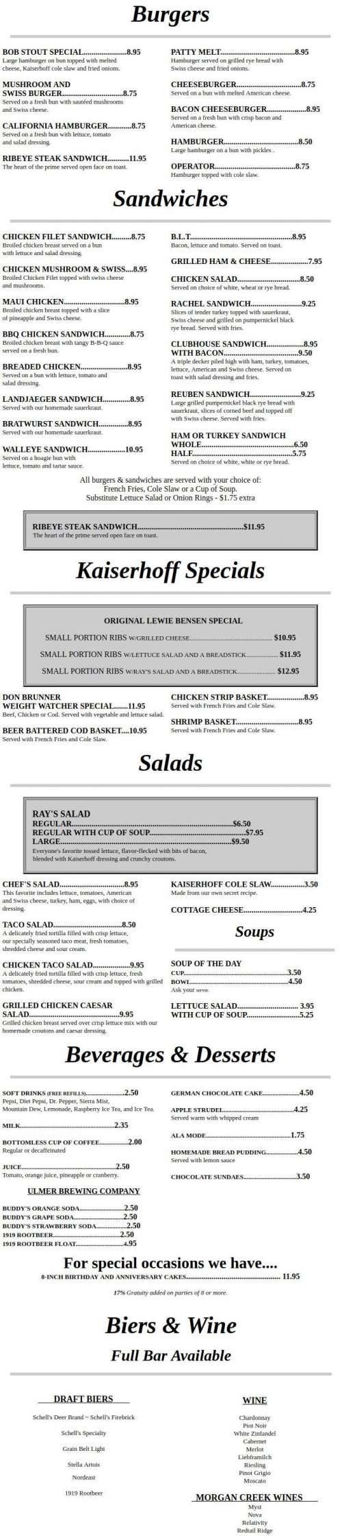 Kaiserhoff New Ulm menu in New Ulm, Minnesota, USA