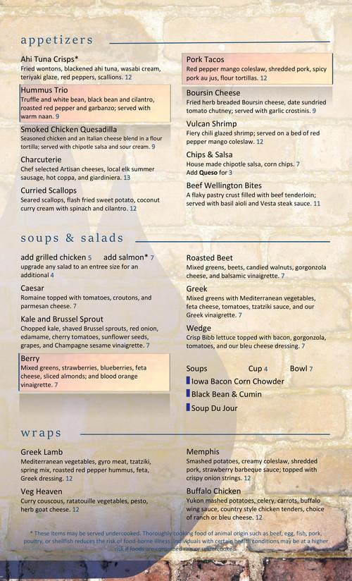 Vesta menu in Coralville, Iowa, USA