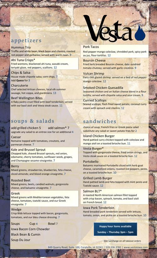 Vesta menu in Coralville, Iowa, USA