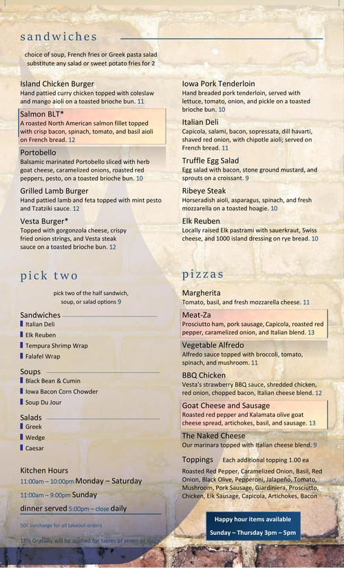 Vesta menu in Coralville, Iowa, USA