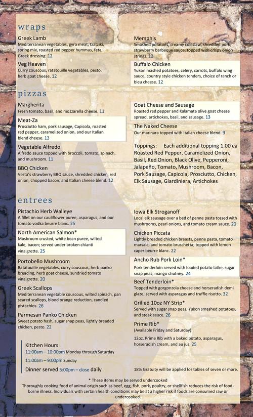 Vesta menu in Coralville, Iowa, USA