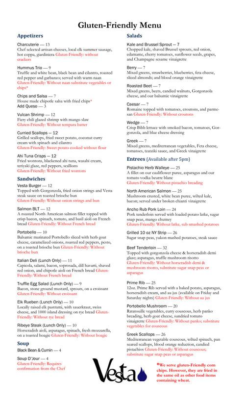 Vesta menu in Coralville, Iowa, USA