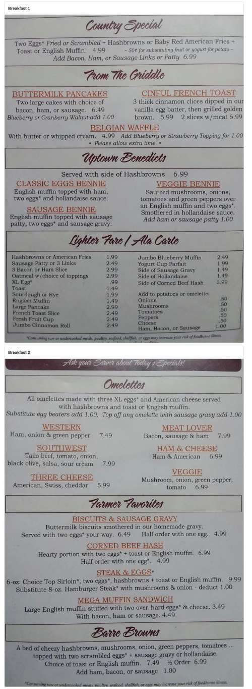 Barre Country Diner menu in West Salem, Wisconsin, USA
