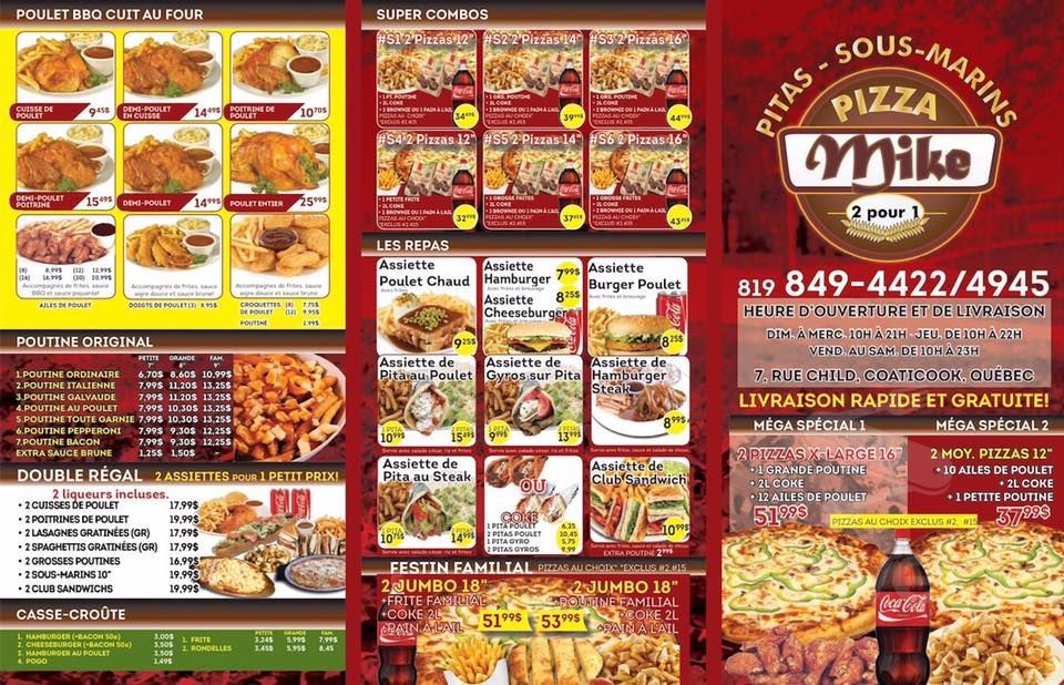 Restaurant Pizza Mike Coaticook menu in Coaticook, Quebec, Canada