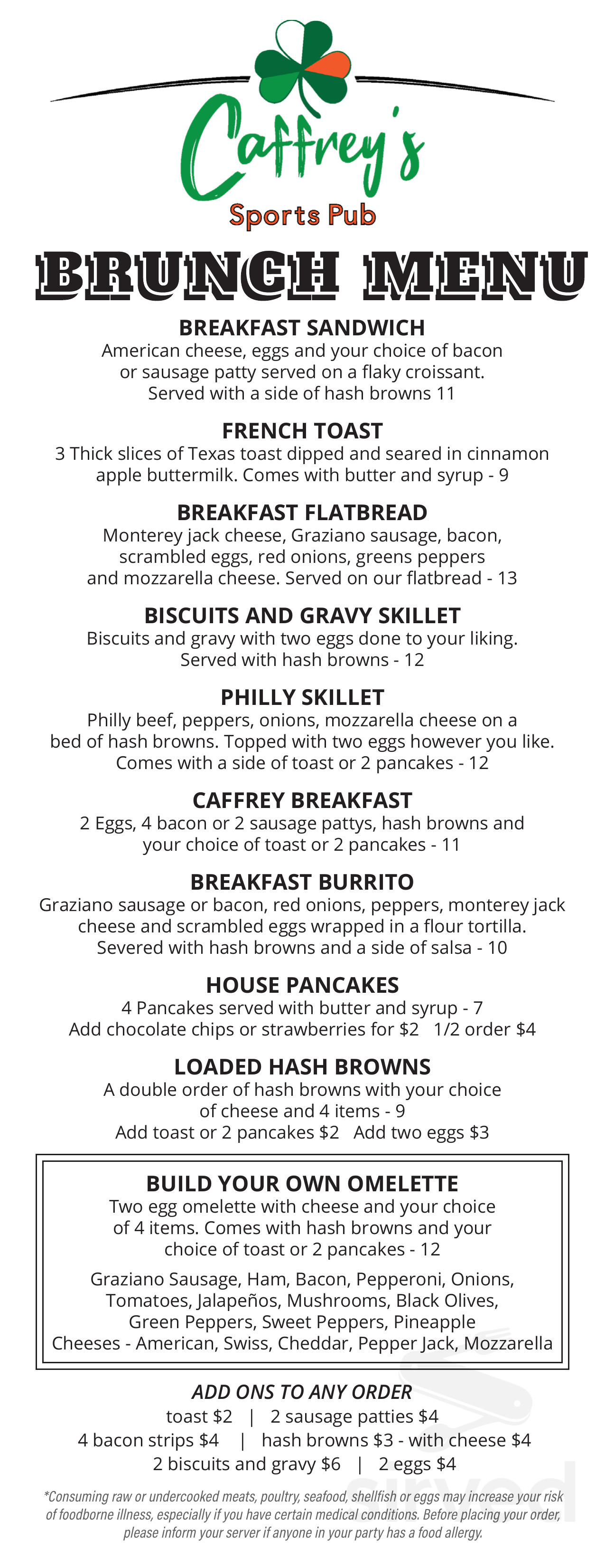 Caffrey's Sports Pub menu in Waukee, Iowa, USA
