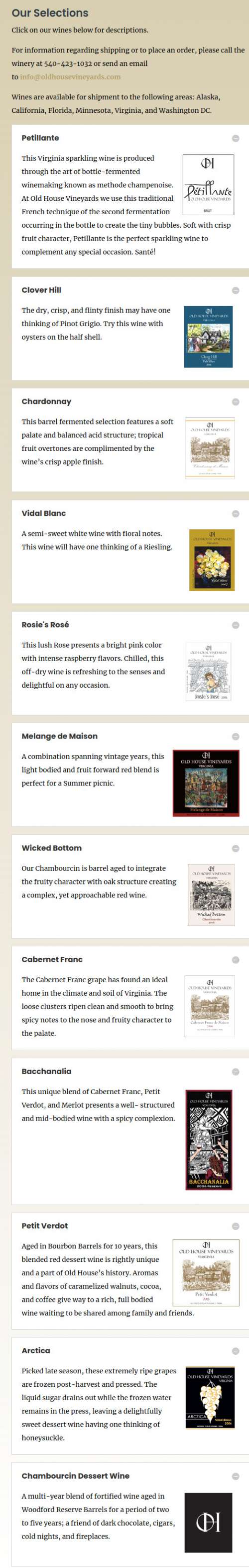 Old House Vineyards menu in Culpeper, Virginia, USA