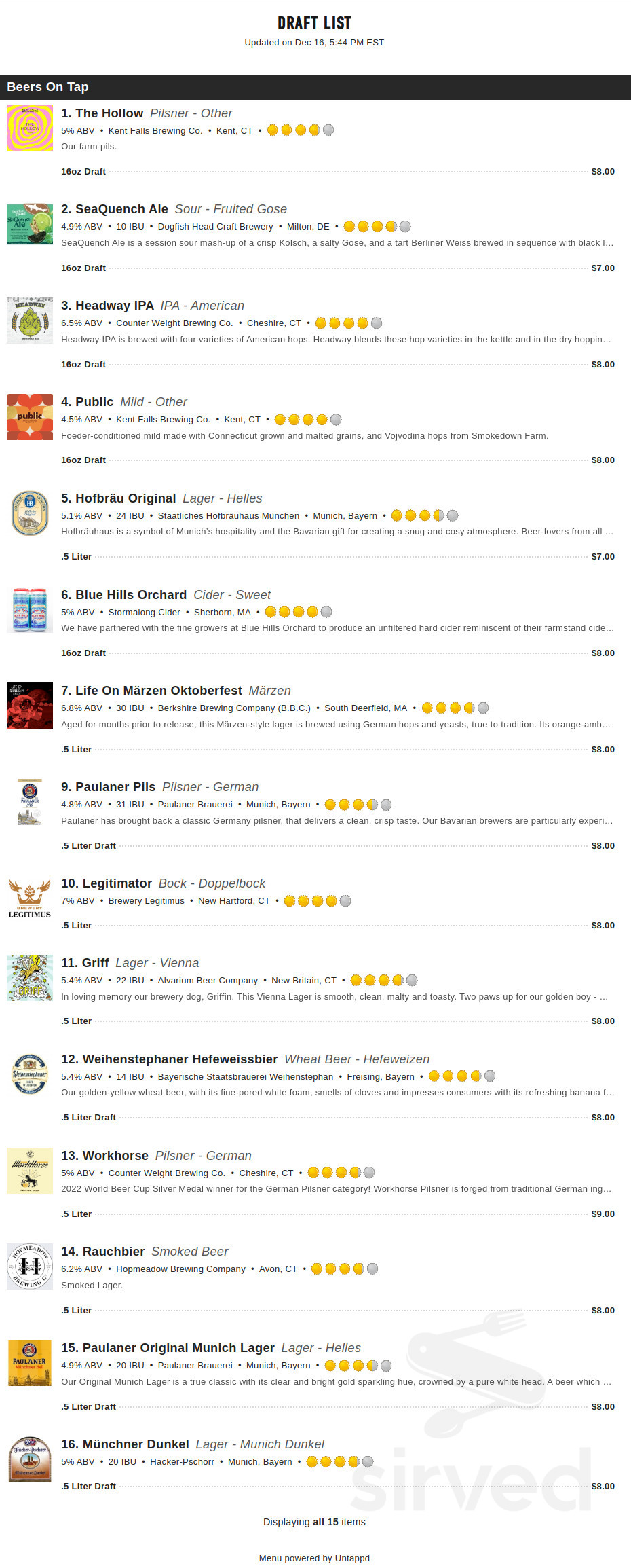 Wurst Haus menu in West Hartford, Connecticut, USA