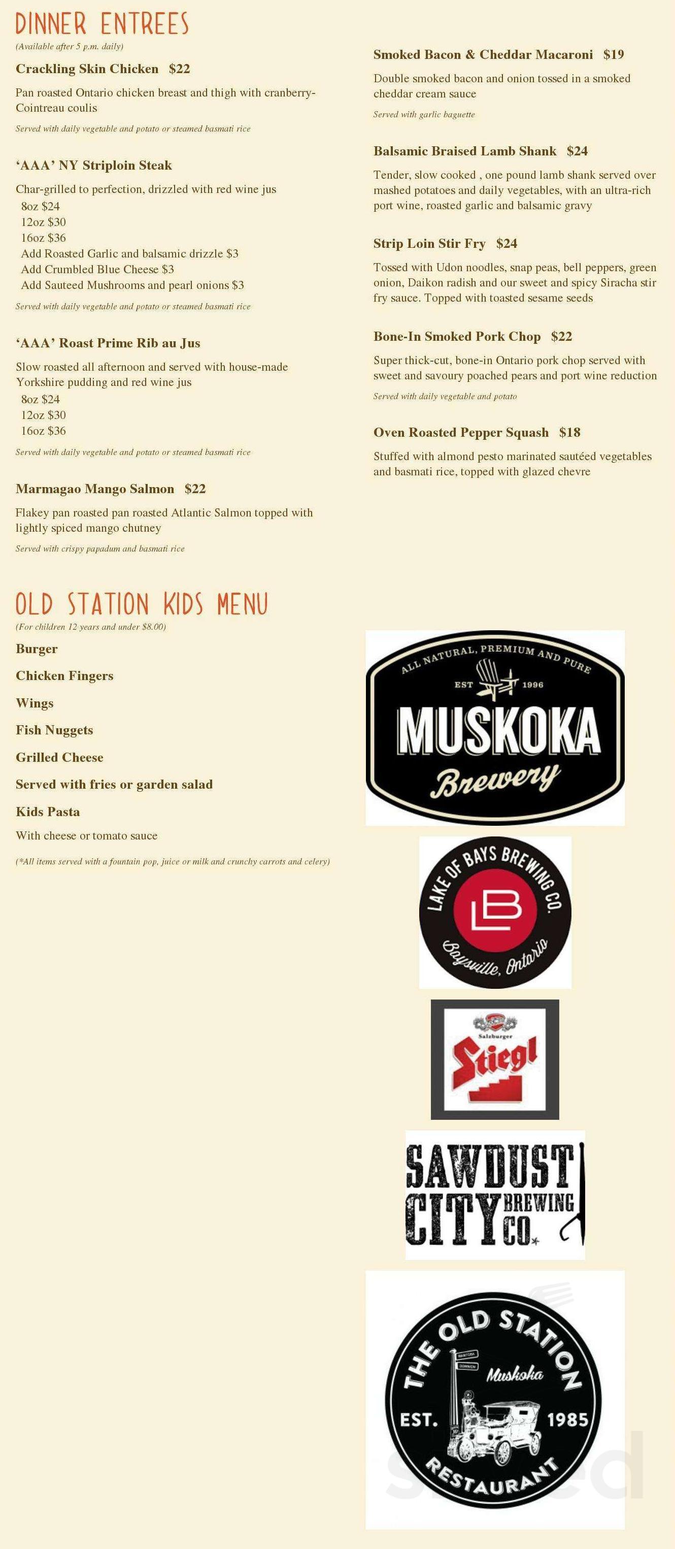 The Old Station Restaurant menu in Bracebridge, Ontario, Canada