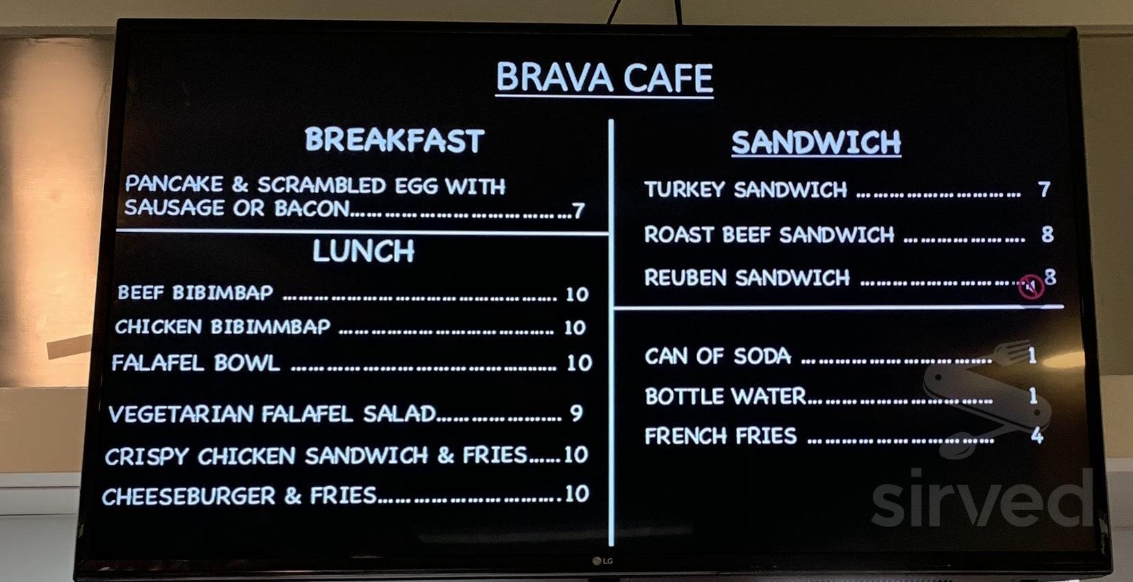 Brava Cafe menu in Minneapolis, Minnesota, USA