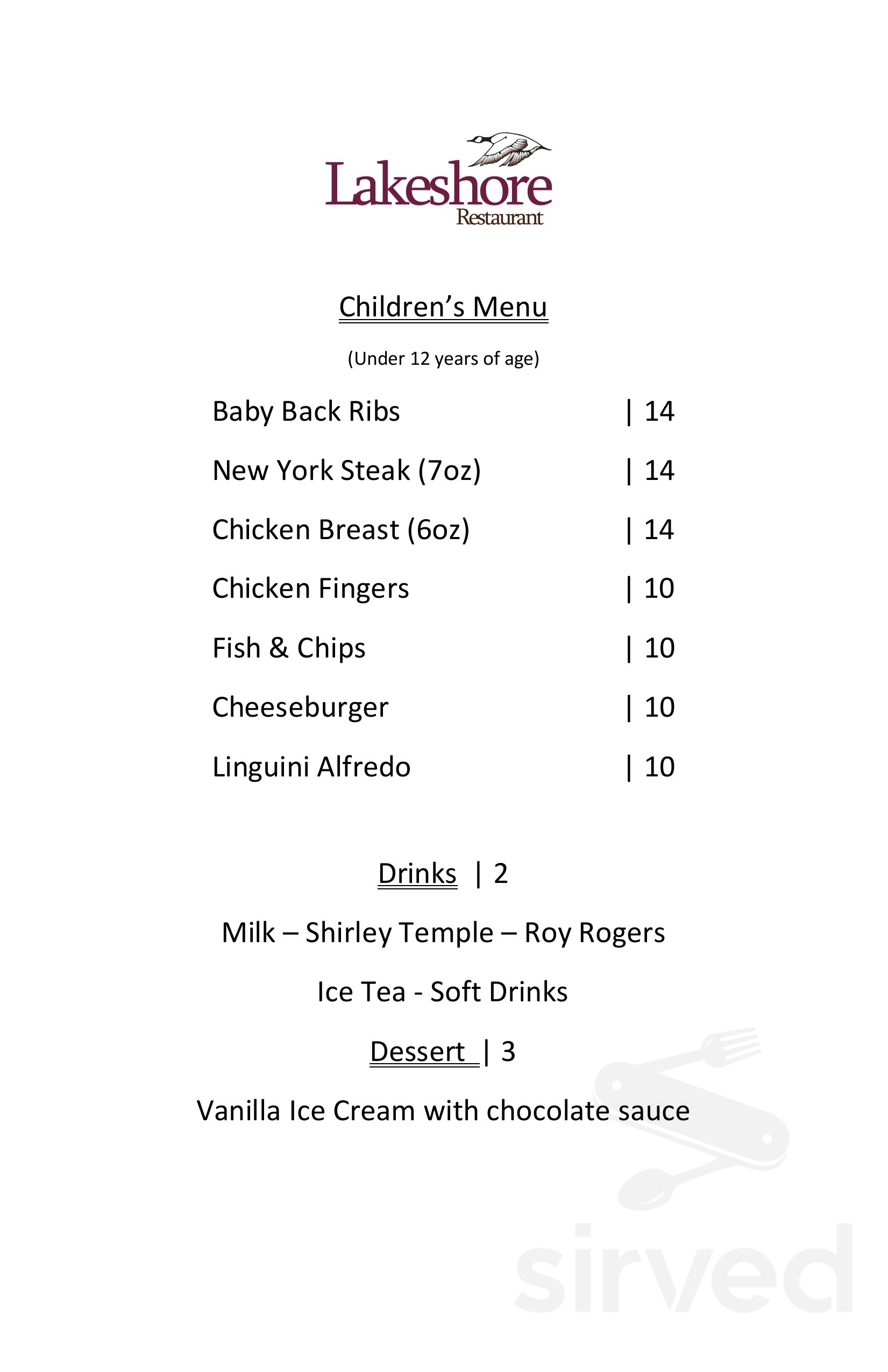 Lakeshore Restaurant menu in Regina, Saskatchewan, Canada