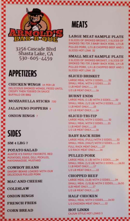 Arnold's BBQ menu in Shasta Lake, California, USA