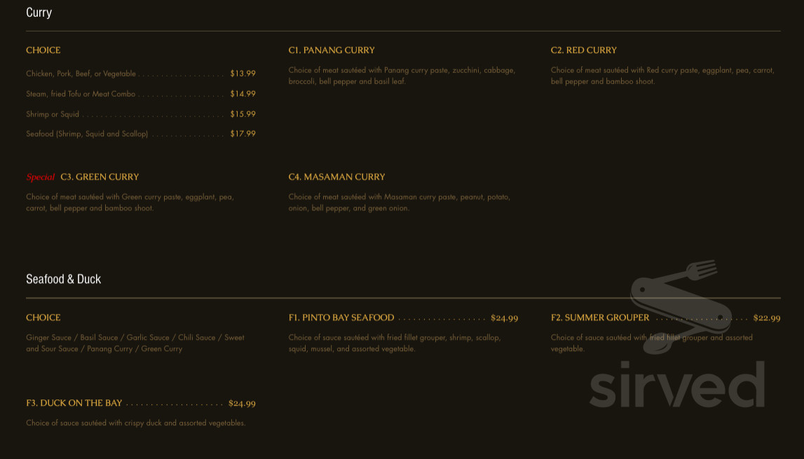 Pinto Thai Restaurant menu in Tampa, Florida, USA