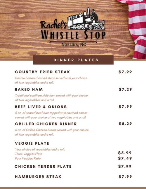 Rachel's Whistle Stop Cafe menu in Norlina, North Carolina, USA