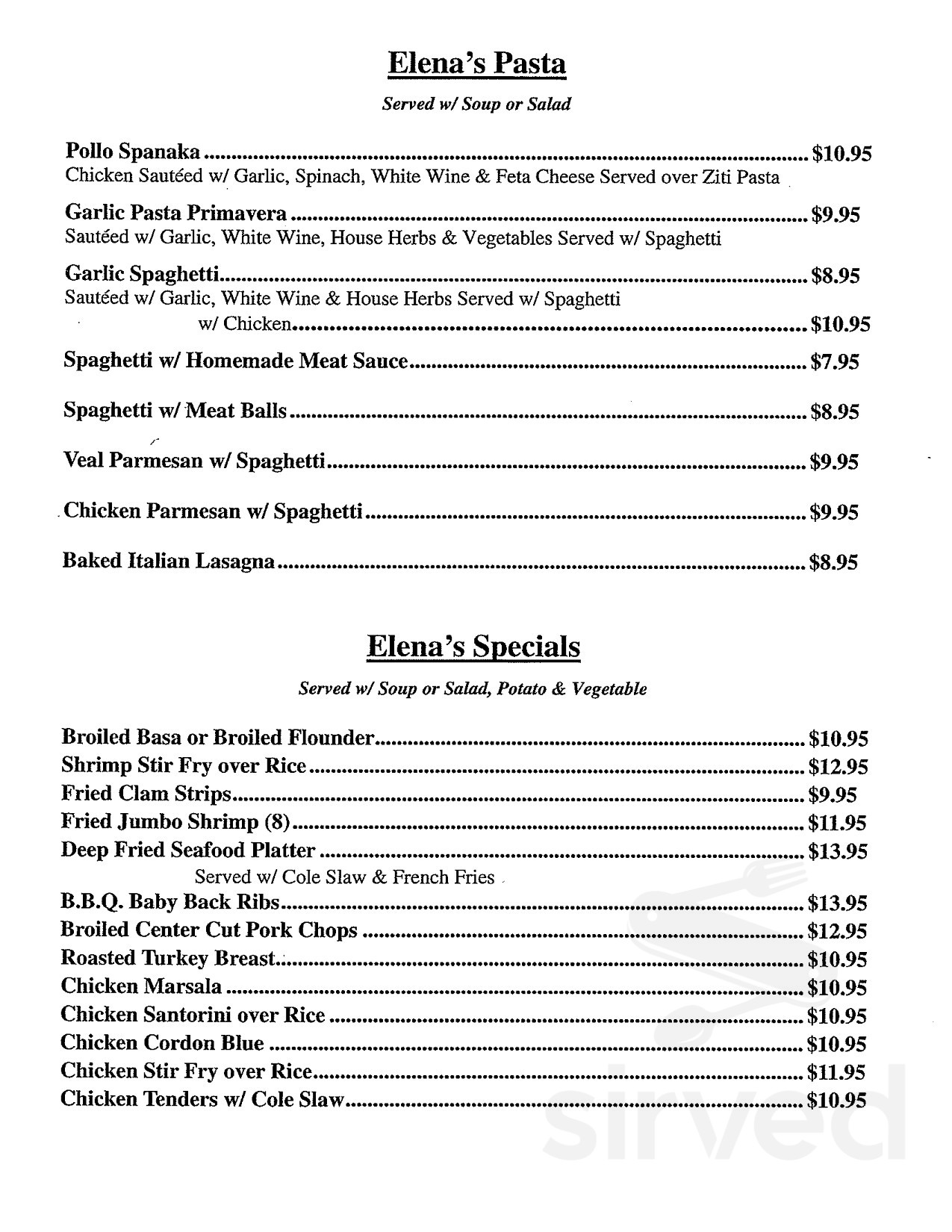 Elena's Restaurant menu in Punta Gorda, Florida, USA