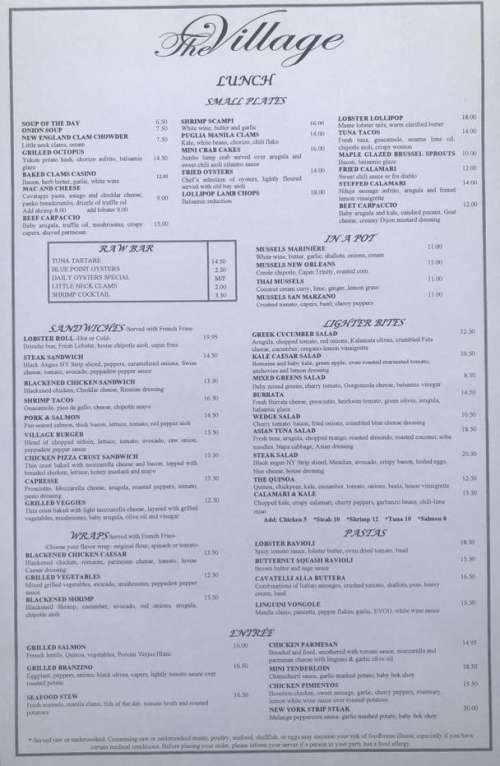 The Village menu in Norwalk, Connecticut, USA