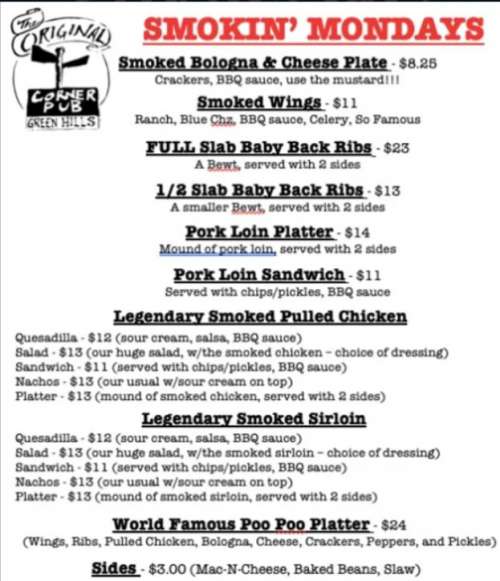 The Corner Pub menu in Nashville, Tennessee, USA