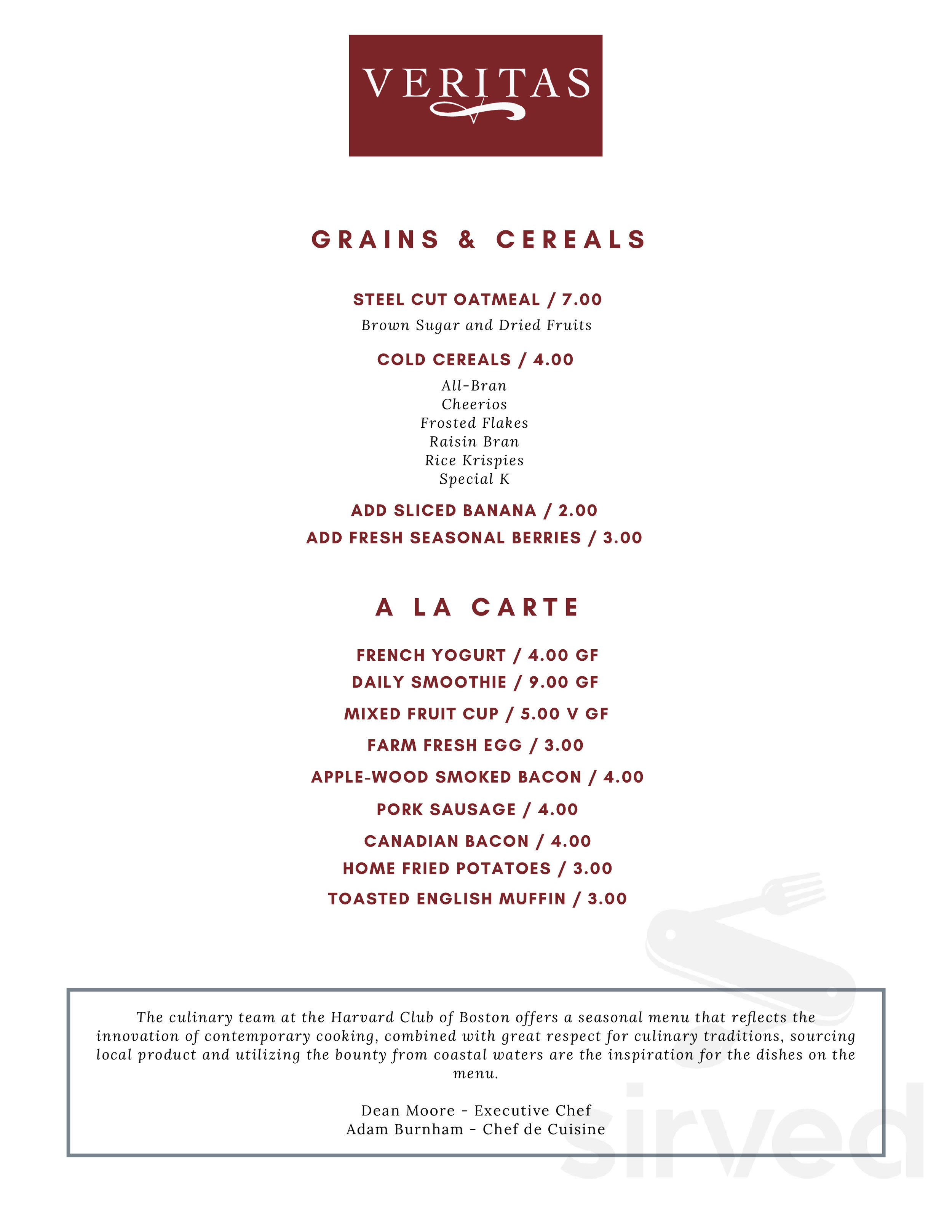 Menu - Boston MA's Harvard Club of Boston | Sirved