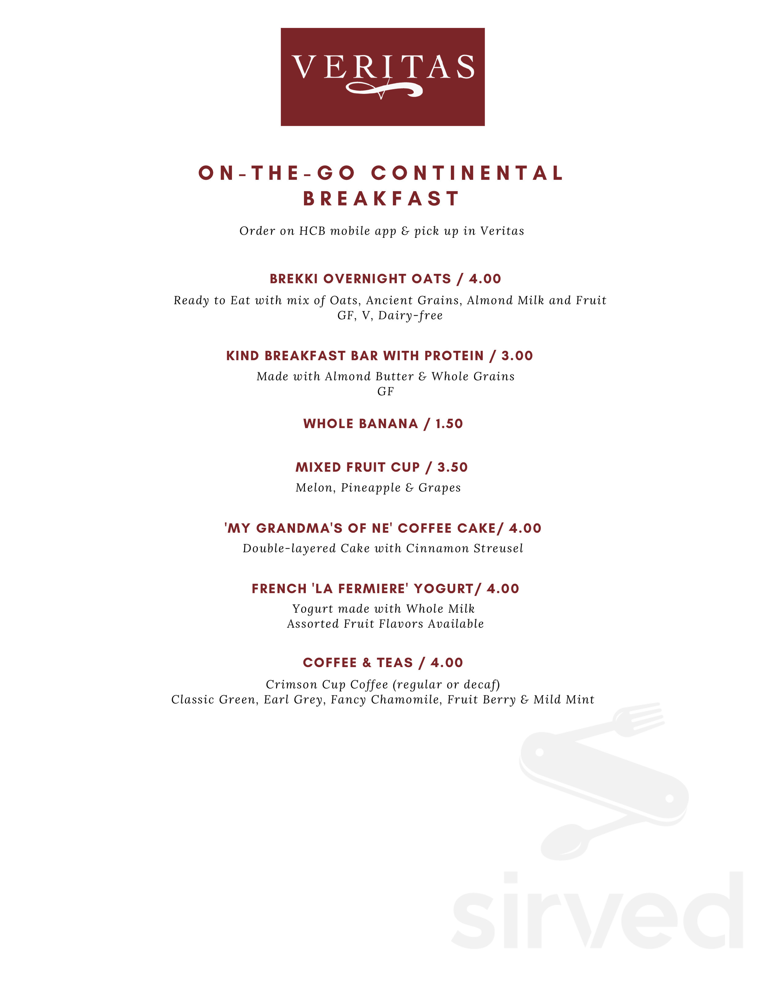 Menu - Boston MA's Harvard Club of Boston | Sirved