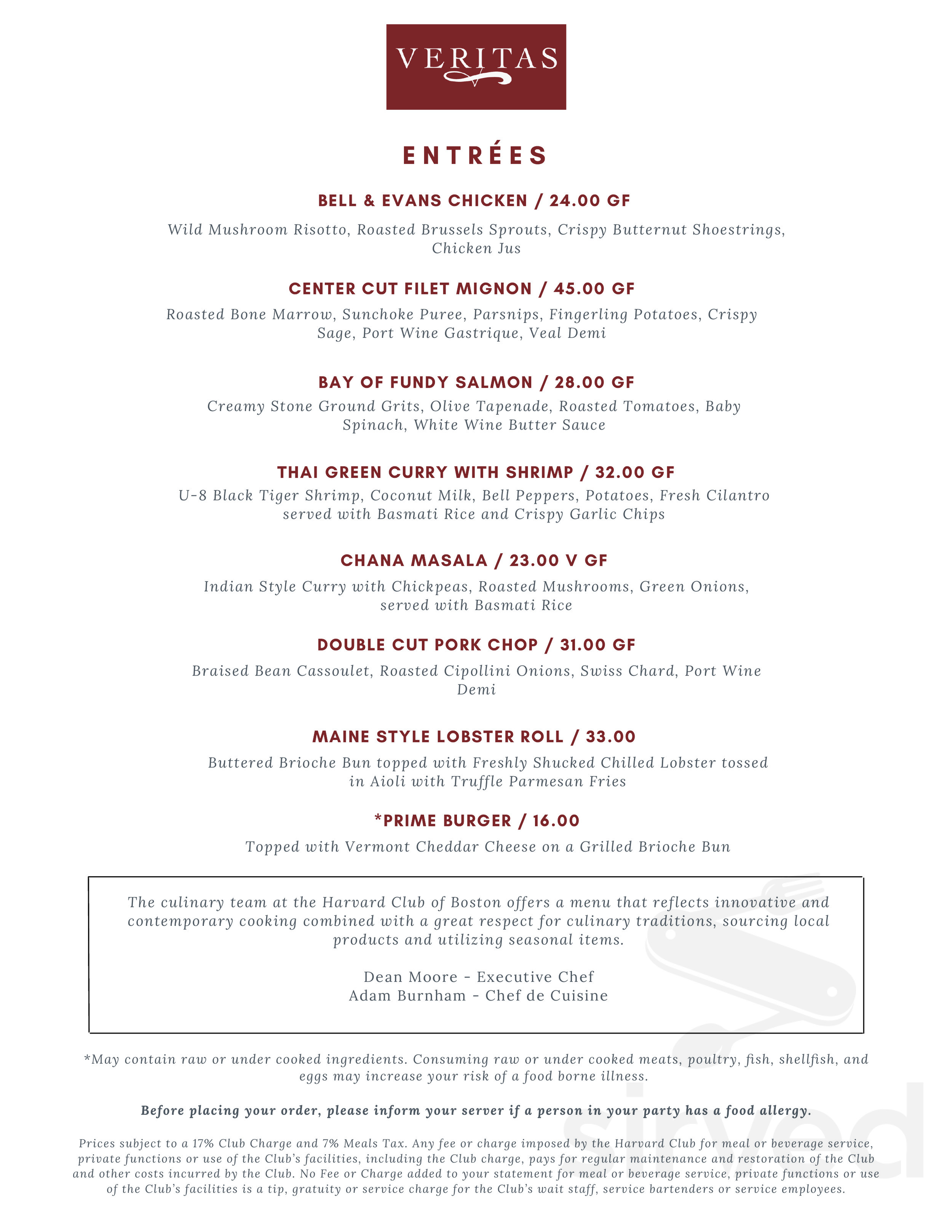 Menu - Boston MA's Harvard Club of Boston | Sirved