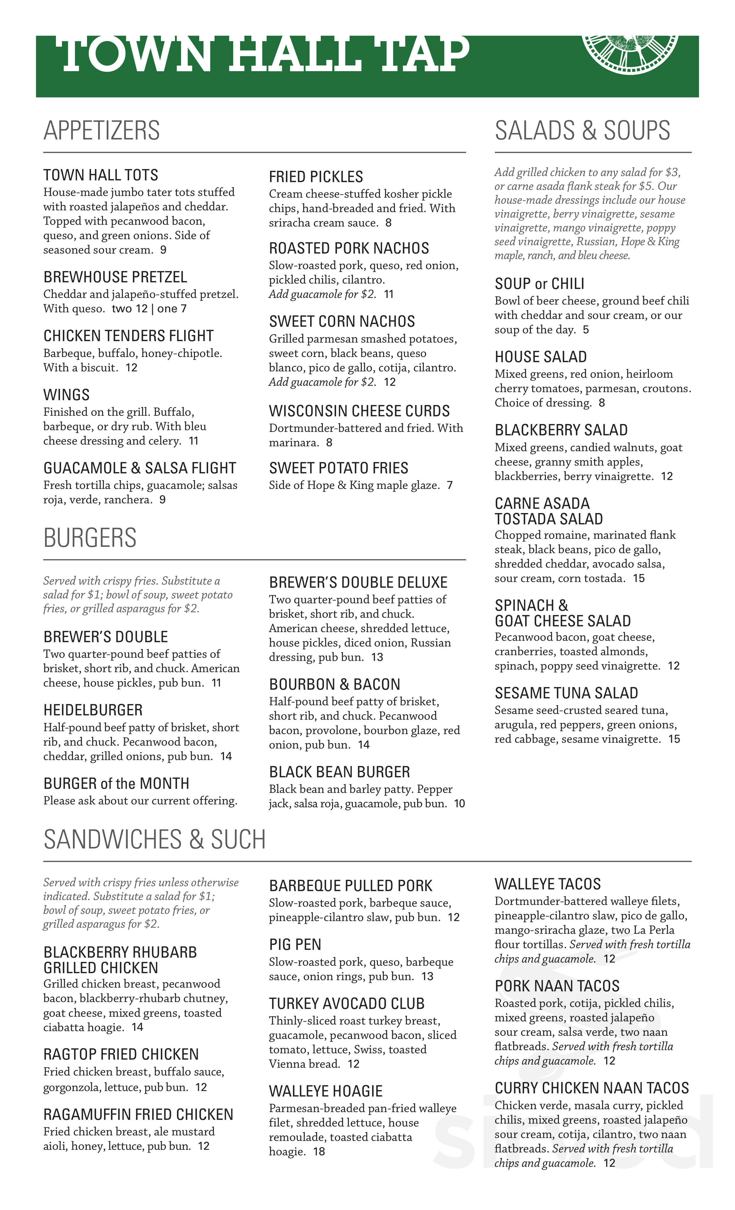 Town Hall Tap menu in Minneapolis, Minnesota, USA