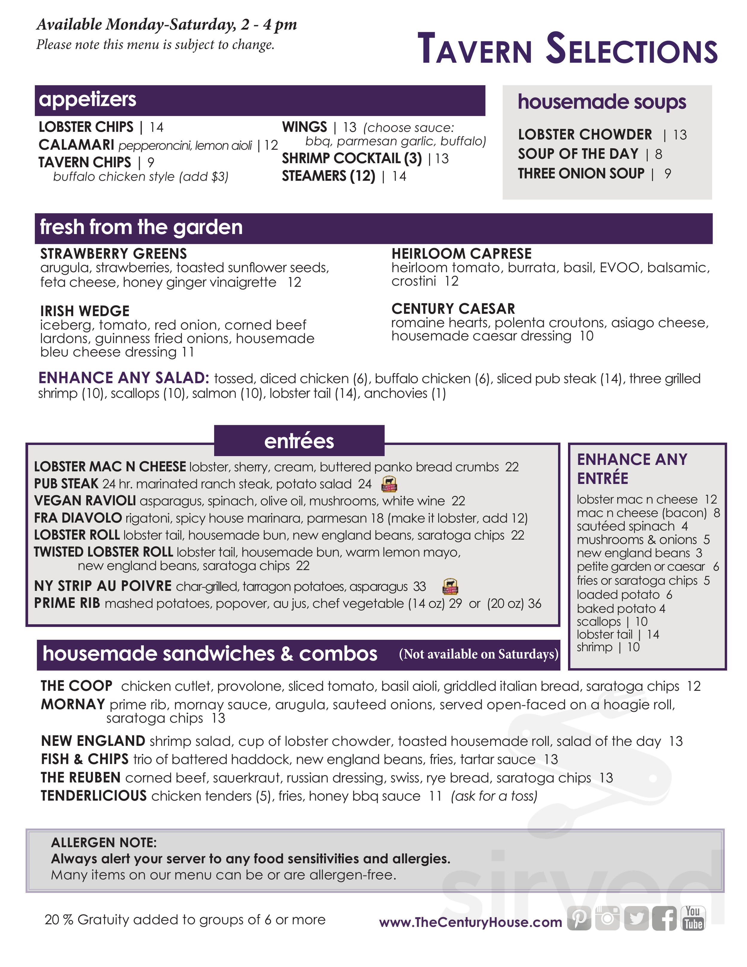 The Century House Restaurant menu in Latham, New York, USA