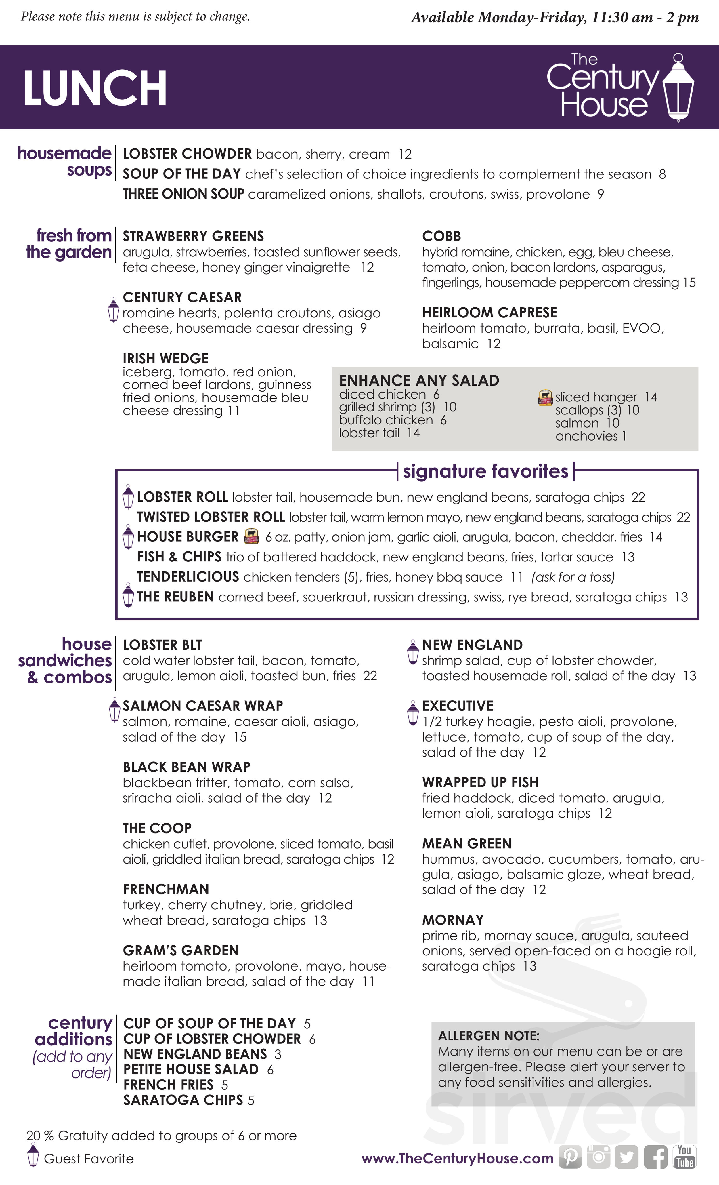 The Century House Restaurant menu in Latham, New York, USA