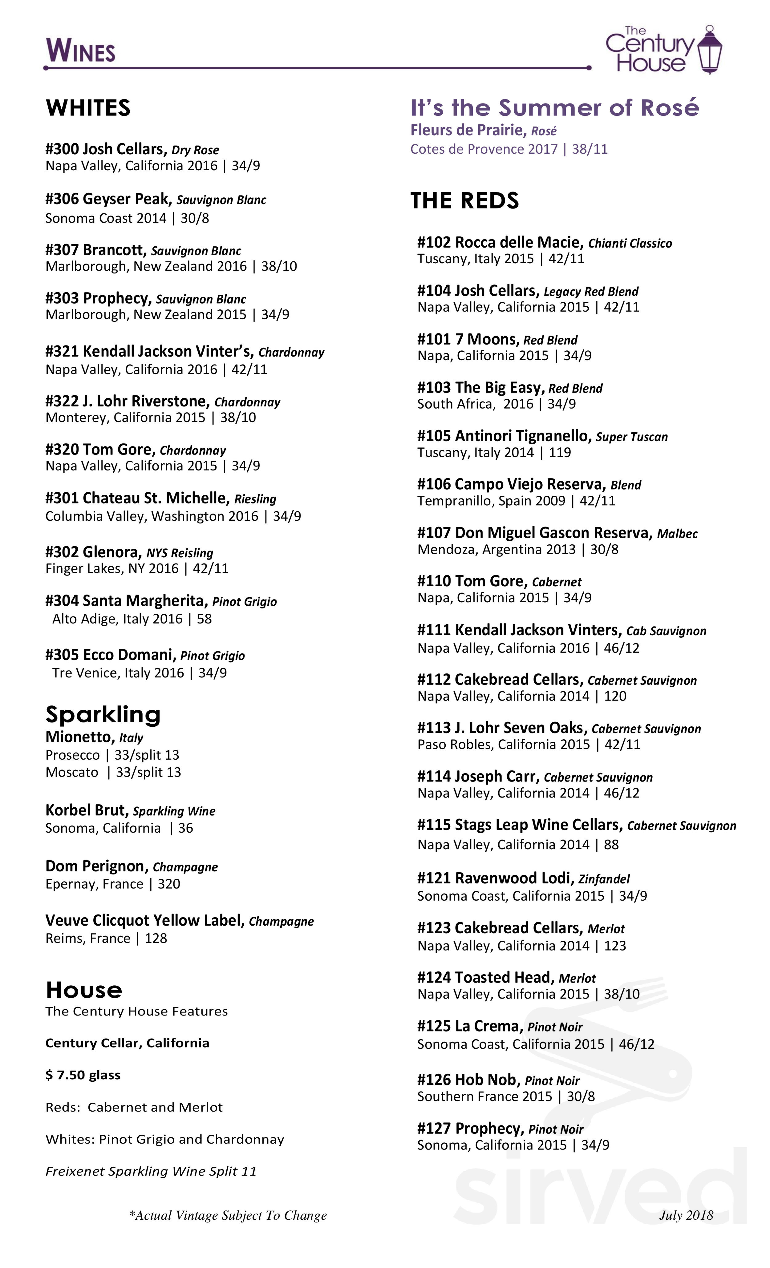 The Century House Restaurant menu in Latham, New York, USA