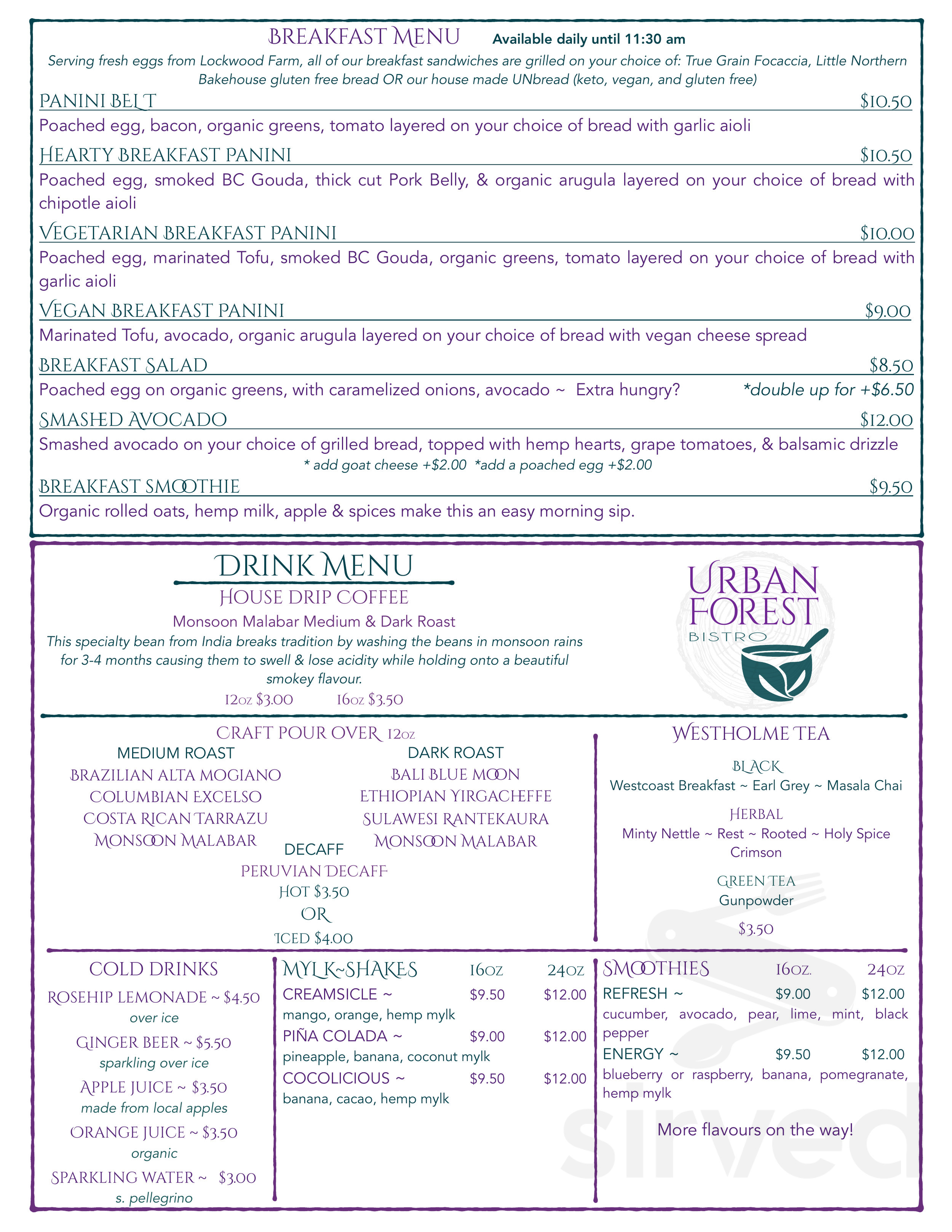 Menu - Duncan BC's Urban Forest Bistro | Sirved