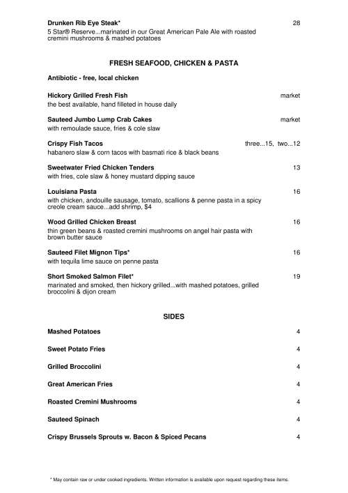 Sweetwater Tavern menu in Centreville, Virginia, USA