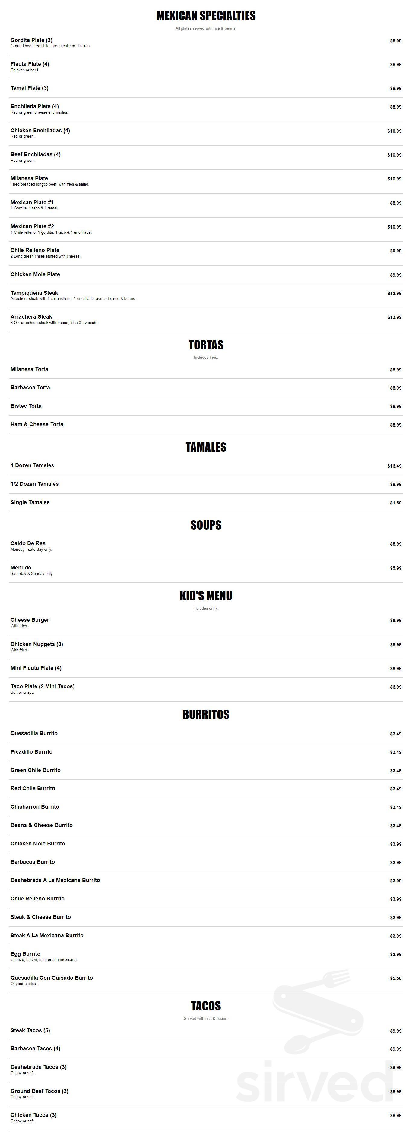 Menu - El Paso TX's Chepe's Tamales | Sirved