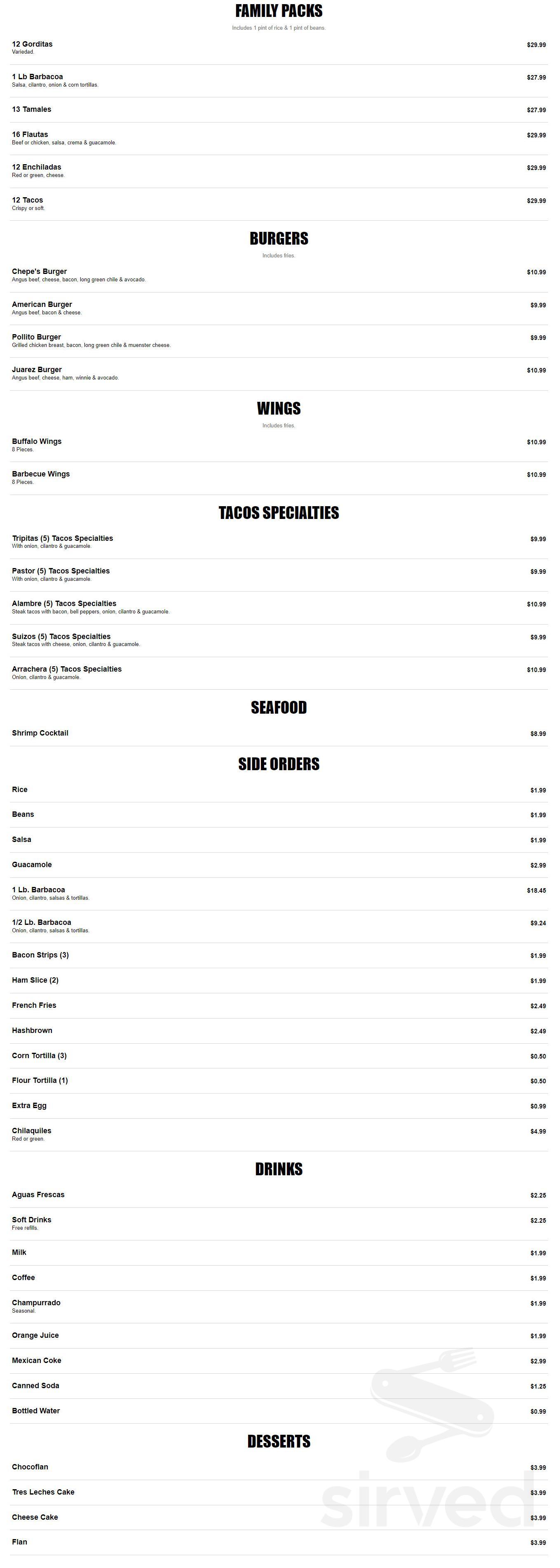 Menu - El Paso TX's Chepe's Tamales | Sirved