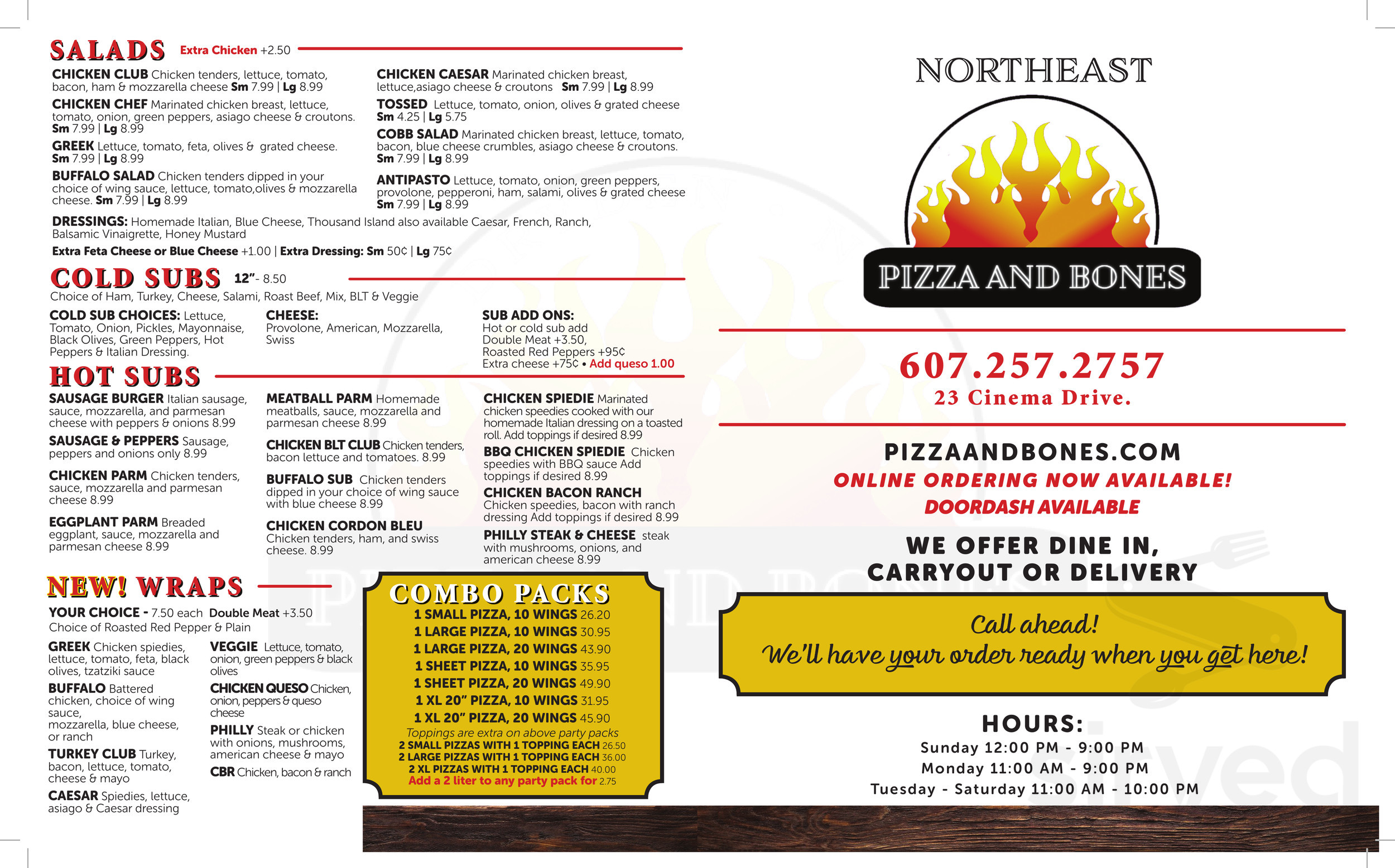 Northeast Pizza and Bones menu in Ithaca, New York, USA