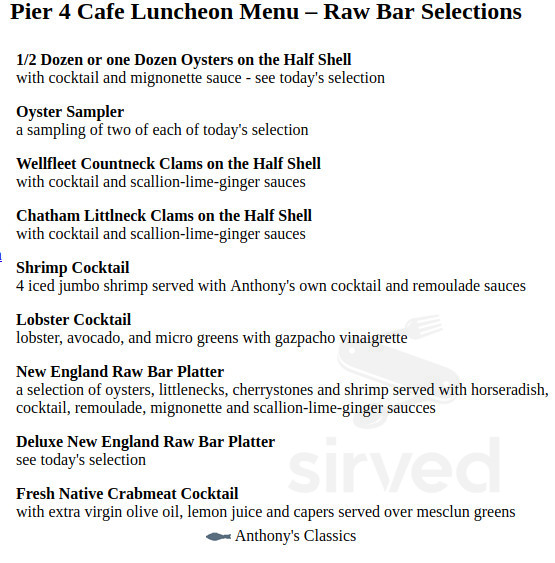 Anthony's Pier 4 Cafe menus in Swampscott, Massachusetts, United States