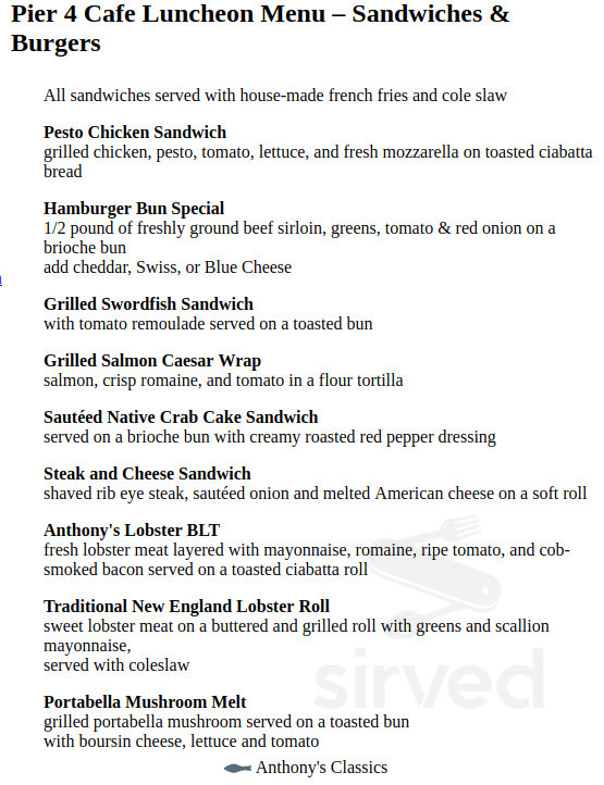 Anthony's Pier 4 Cafe menu in Swampscott, Massachusetts, USA