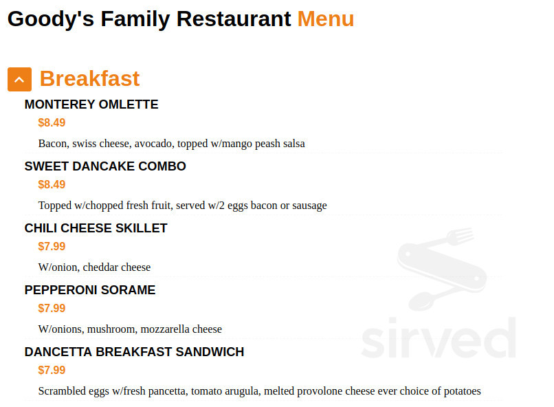 Goody's Family Restaurant menu in Victorville, California, USA