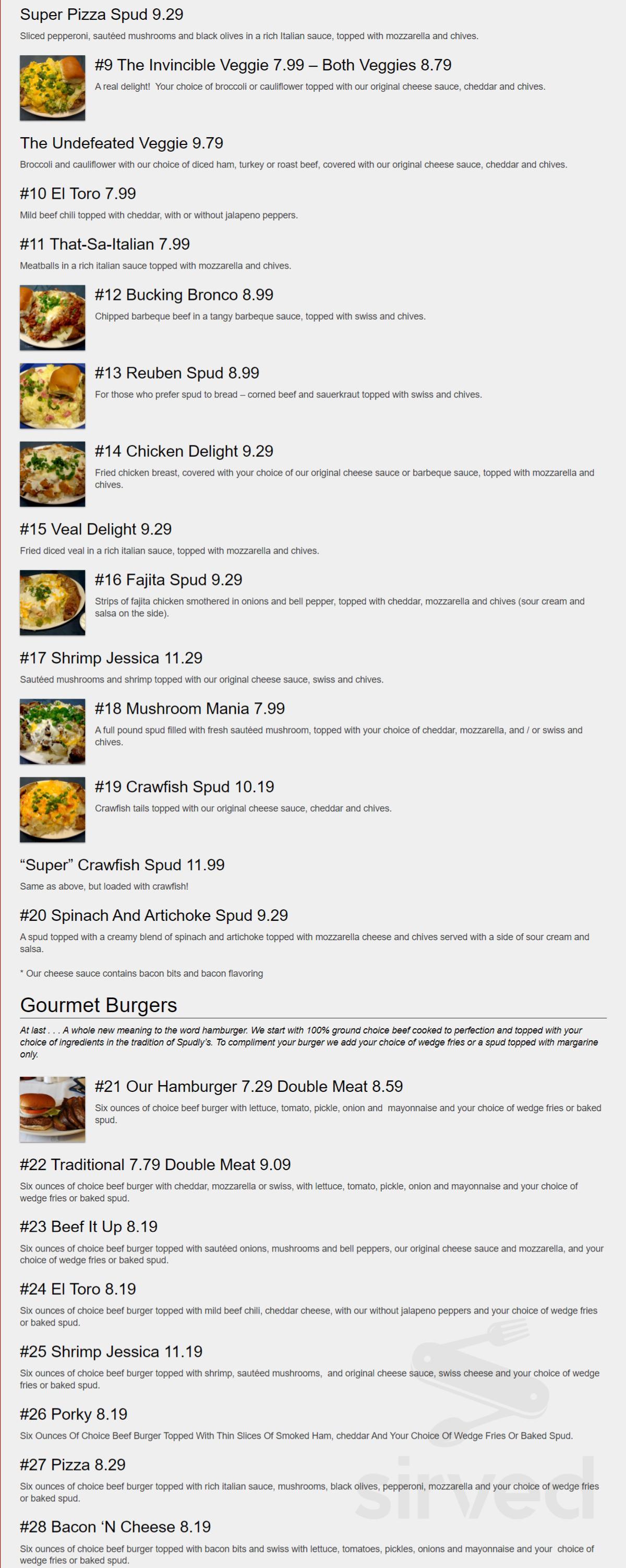 Spudly's Super Spuds menu in Metairie, Louisiana, USA