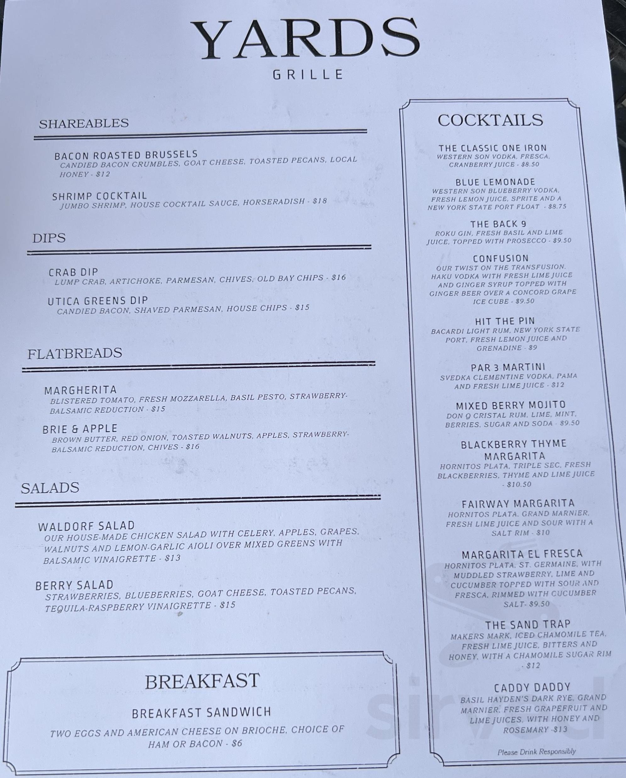 Yards Grille menu in Fayetteville, New York, USA