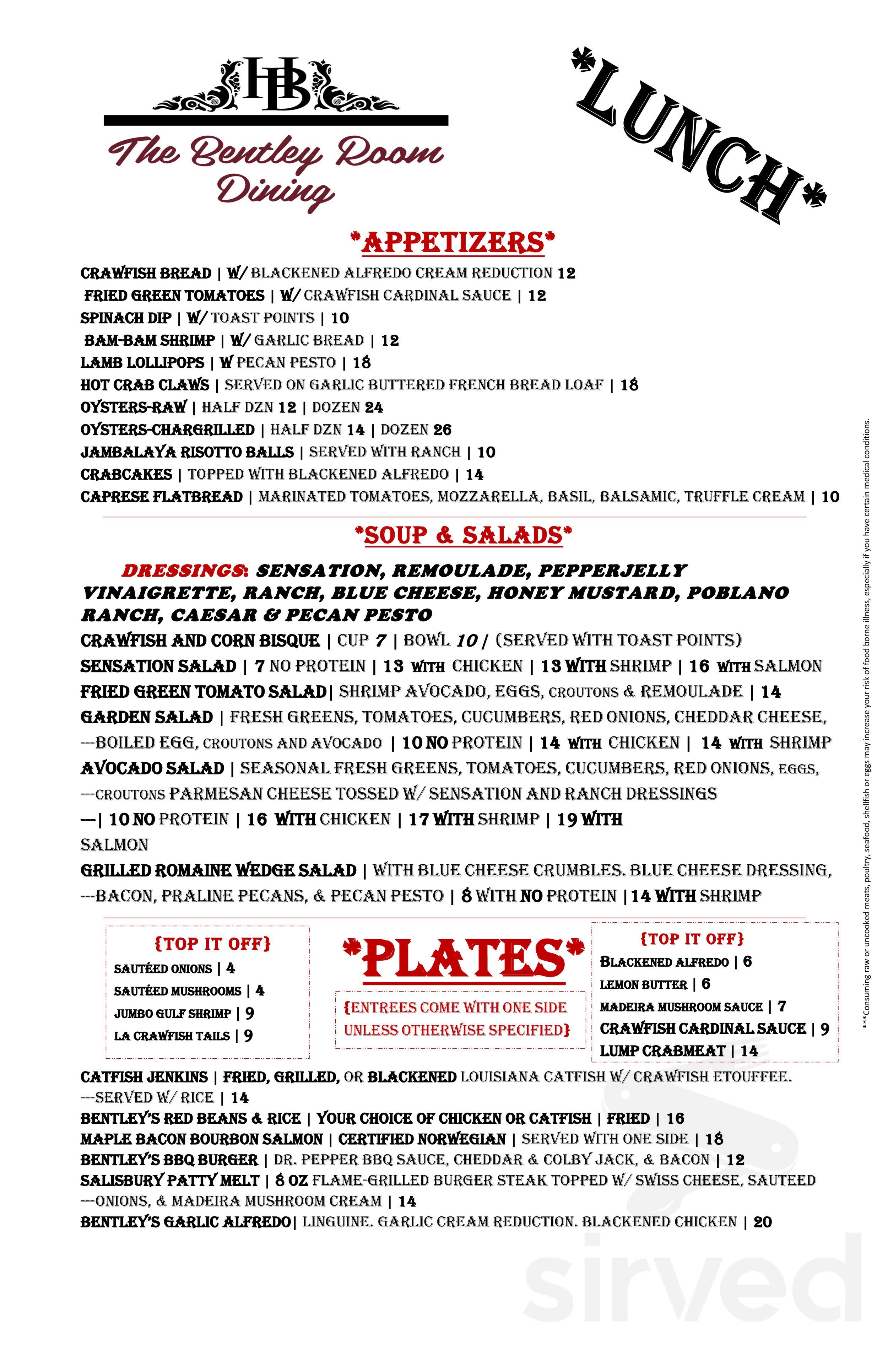 Menu for The Bentley Room Restaurant in Alexandria, LA | Sirved