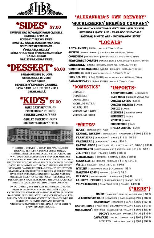The Bentley Room Restaurant menu in Alexandria, Louisiana, USA