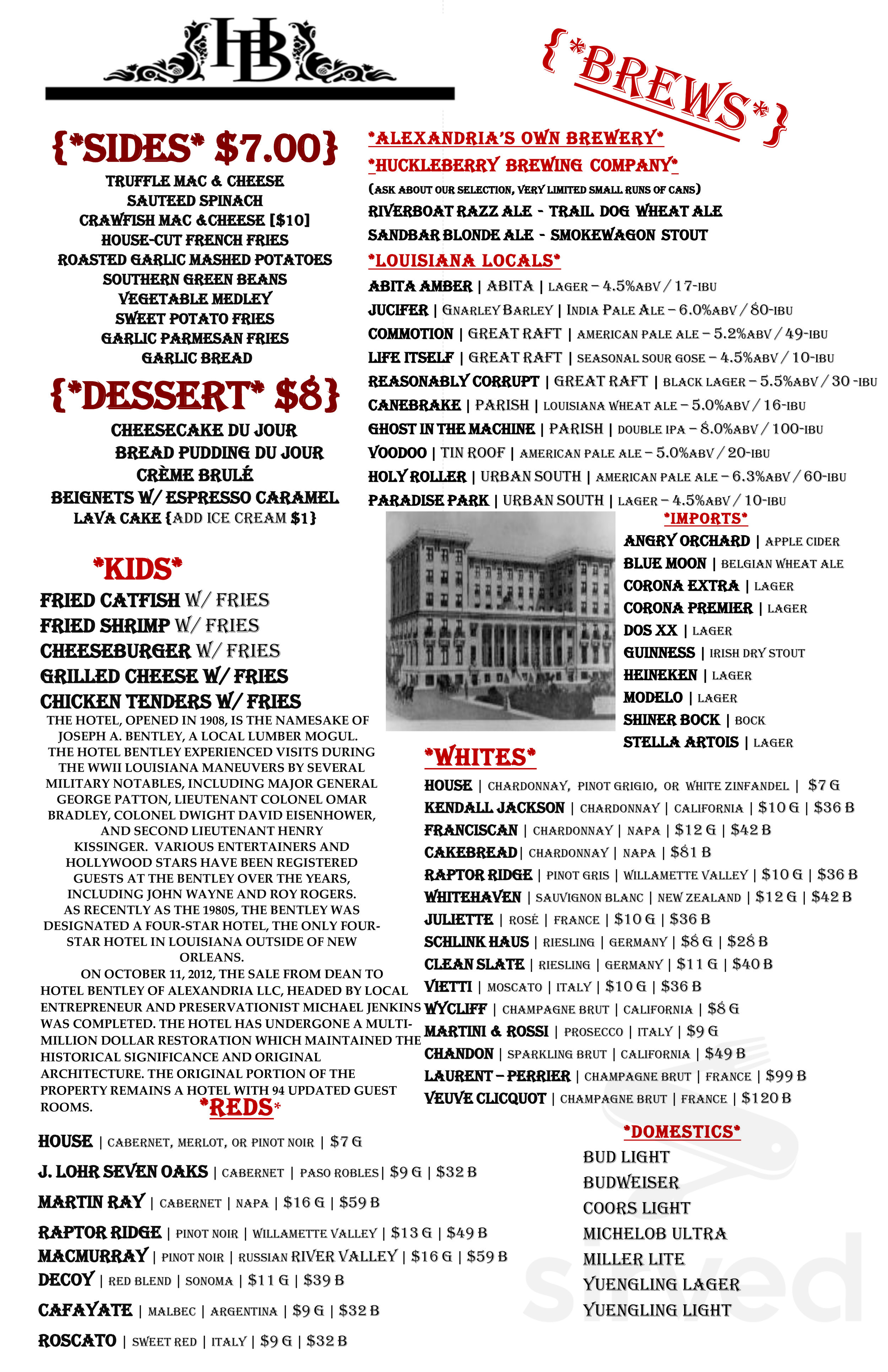 The Bentley Room Restaurant menu in Alexandria, Louisiana, USA