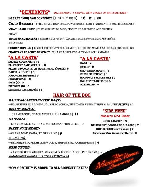 The Bentley Room Restaurant menu in Alexandria, Louisiana, USA