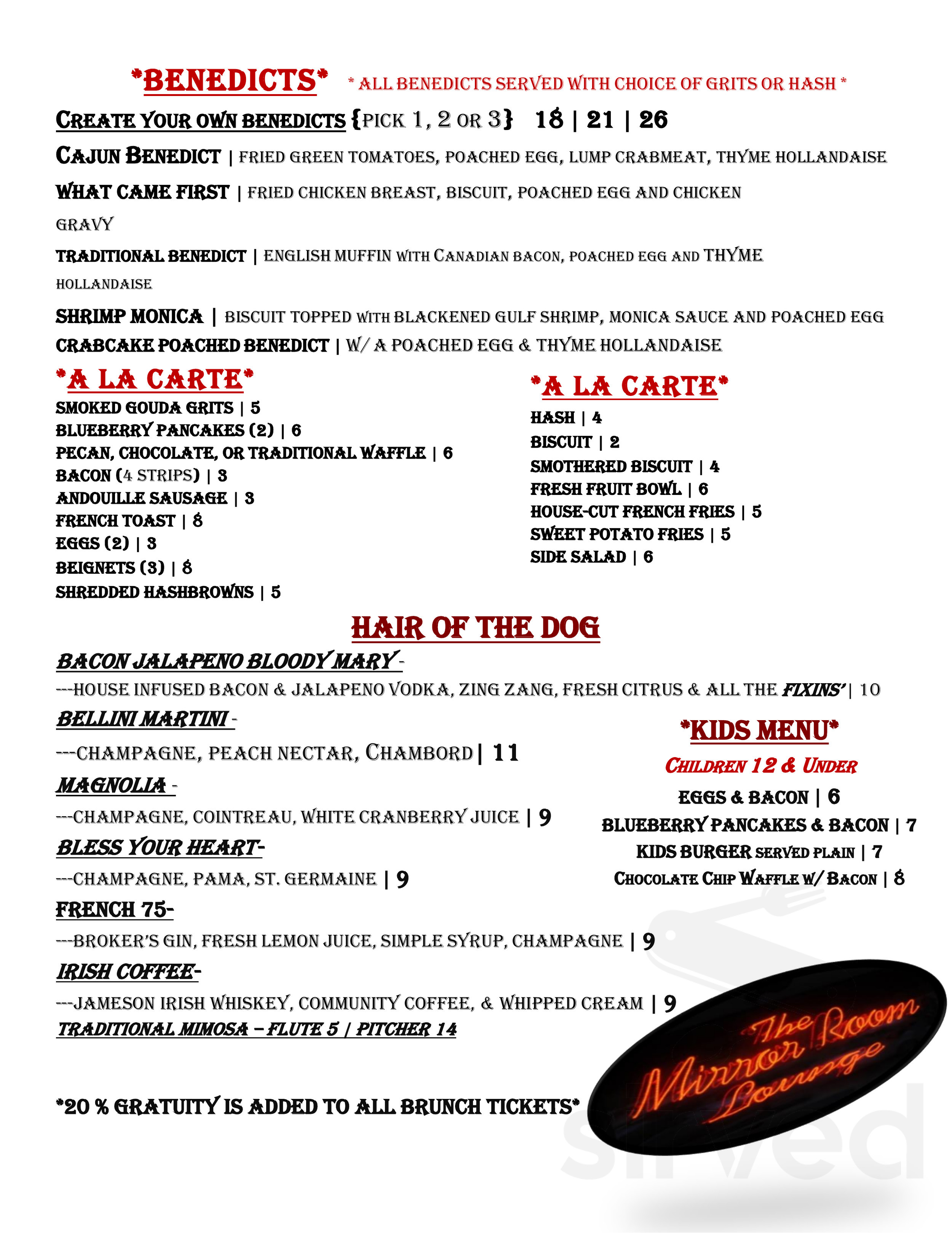 The Bentley Room Restaurant menu in Alexandria, Louisiana, USA
