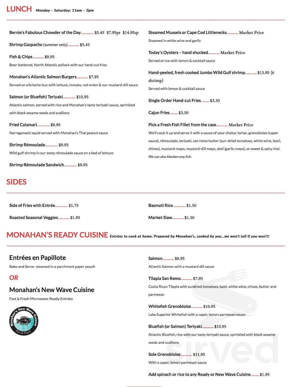 Menu - Ann Arbor MI's Monahan's Seafood Market Inc | Sirved