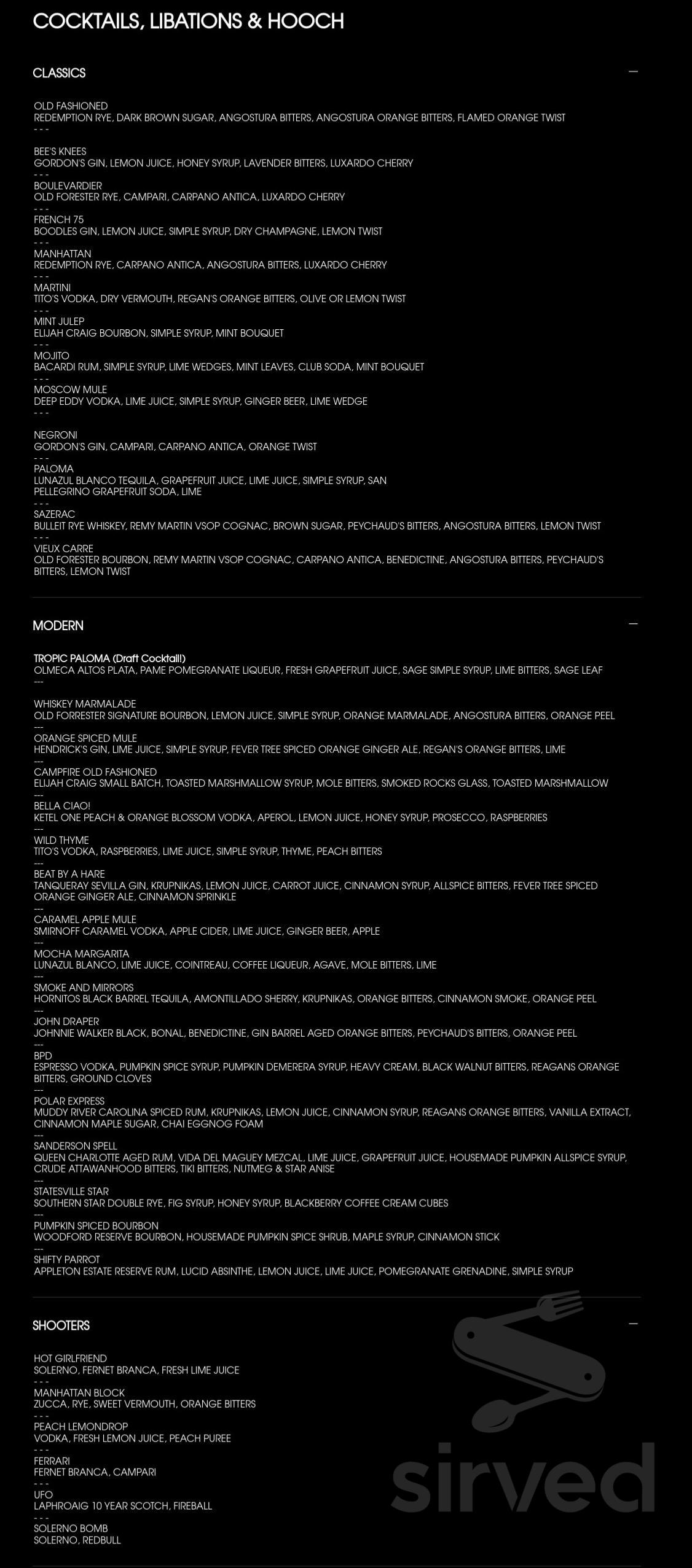 Menu for The Cotton Room at Belfast Mill in Charlotte, NC | Sirved