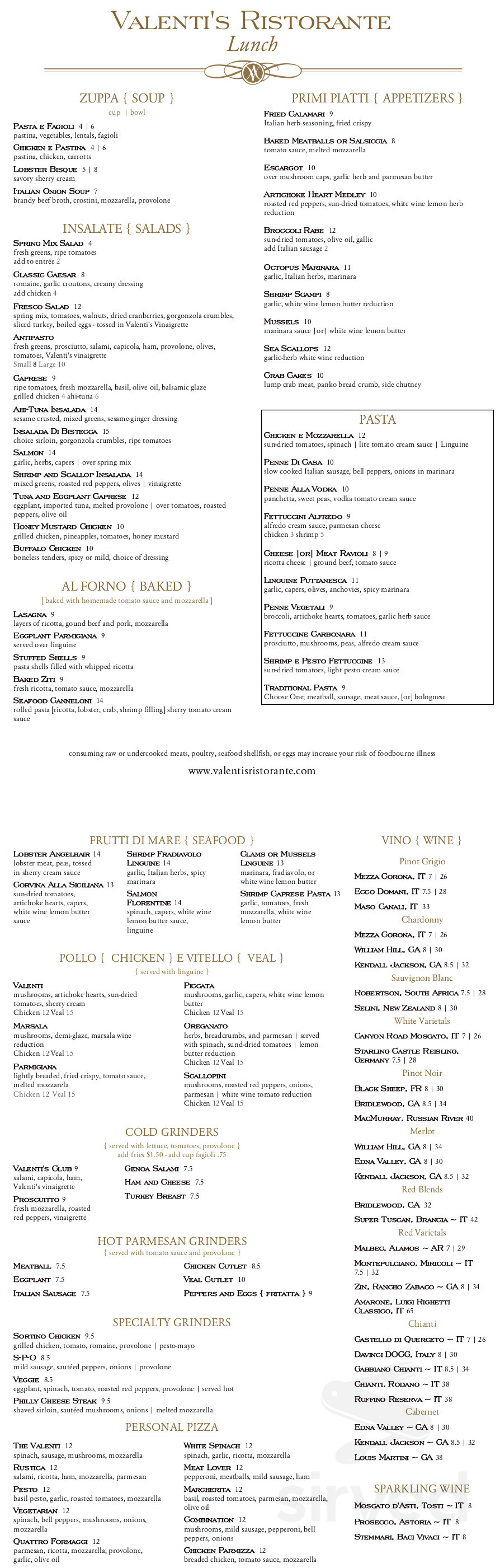 Menu for Valenti's Ristorante in Venice, FL | Sirved