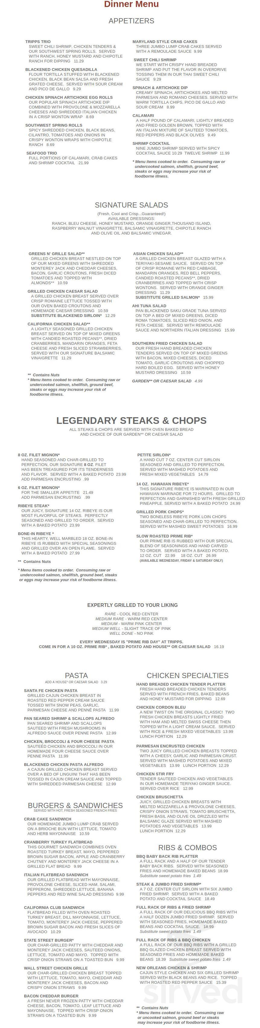 Tripps menu in Greensboro, North Carolina, USA